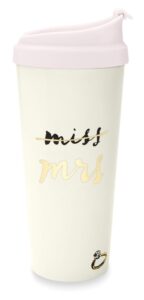 kate spade new york bridal 16 ounce insulated travel mug, double wall thermal tumbler for coffee/tea, miss to mrs. (pink)