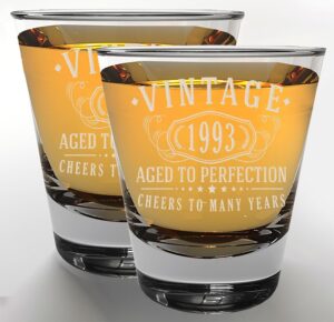 vintage 1993 etched 2pk 1.75oz shot glasses - 31st birthday gifts for women men - cheers to 31 years old - 31st decorations for her him - best engraved whiskey bourbon gift ideas - mom dad 2.0