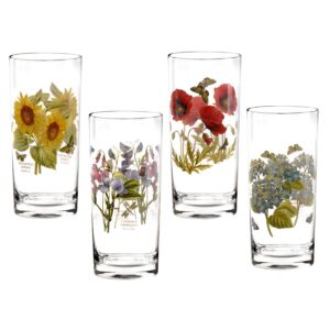 portmeirion botanic garden highball glasses | set of 4 tall drinking glasses | ideal for whiskey, juice, or cocktails | 15 oz whiskey glasses with assorted motifs