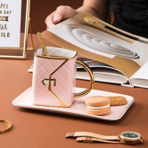 Anvirtue Handbag-Shaped Creative Ceramic Mug With Saucer Porcelain Tray & Spoon for Coffee, Hot Chocolate, Cappuccino, and Latte Breakfast (PINK)