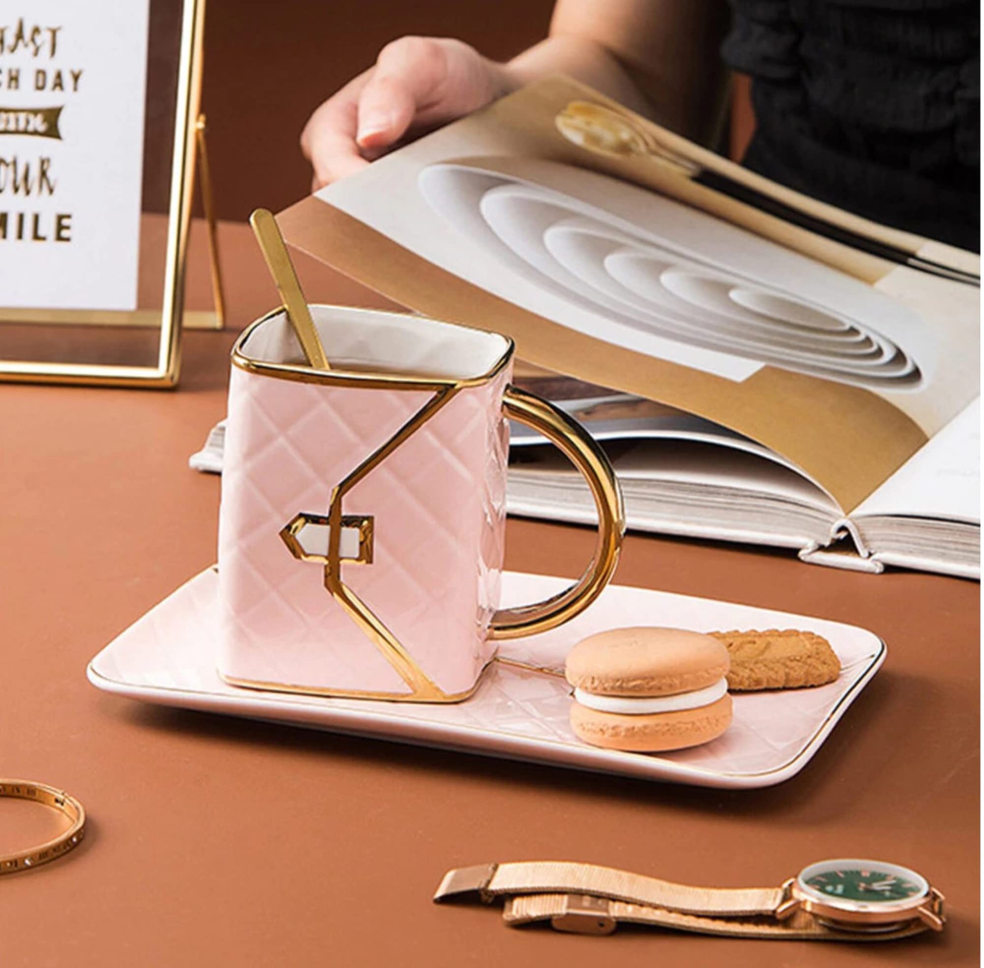 Anvirtue Handbag-Shaped Creative Ceramic Mug With Saucer Porcelain Tray & Spoon for Coffee, Hot Chocolate, Cappuccino, and Latte Breakfast (PINK)