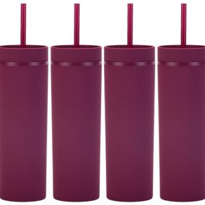 Essasea Matte Burgundy Tumblers with Lids and Straws.16oz Skinny Tumblers Bulk.Double Walled Plastic Acrylic Pastel Tumblers Cups for Iced Coffee Smoothie.DIY Silm Tumblers.