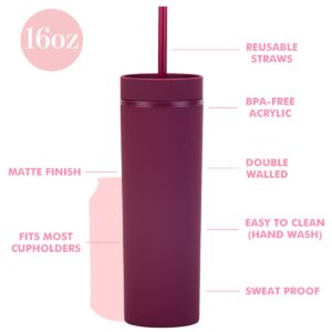 Essasea Matte Burgundy Tumblers with Lids and Straws.16oz Skinny Tumblers Bulk.Double Walled Plastic Acrylic Pastel Tumblers Cups for Iced Coffee Smoothie.DIY Silm Tumblers.