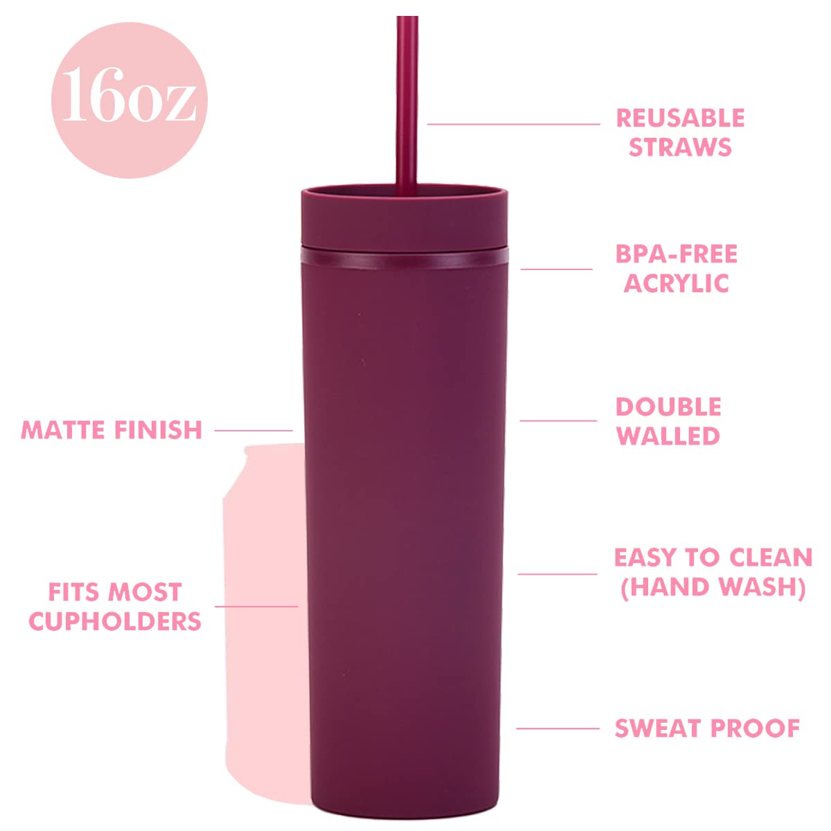 Essasea Matte Burgundy Tumblers with Lids and Straws.16oz Skinny Tumblers Bulk.Double Walled Plastic Acrylic Pastel Tumblers Cups for Iced Coffee Smoothie.DIY Silm Tumblers.