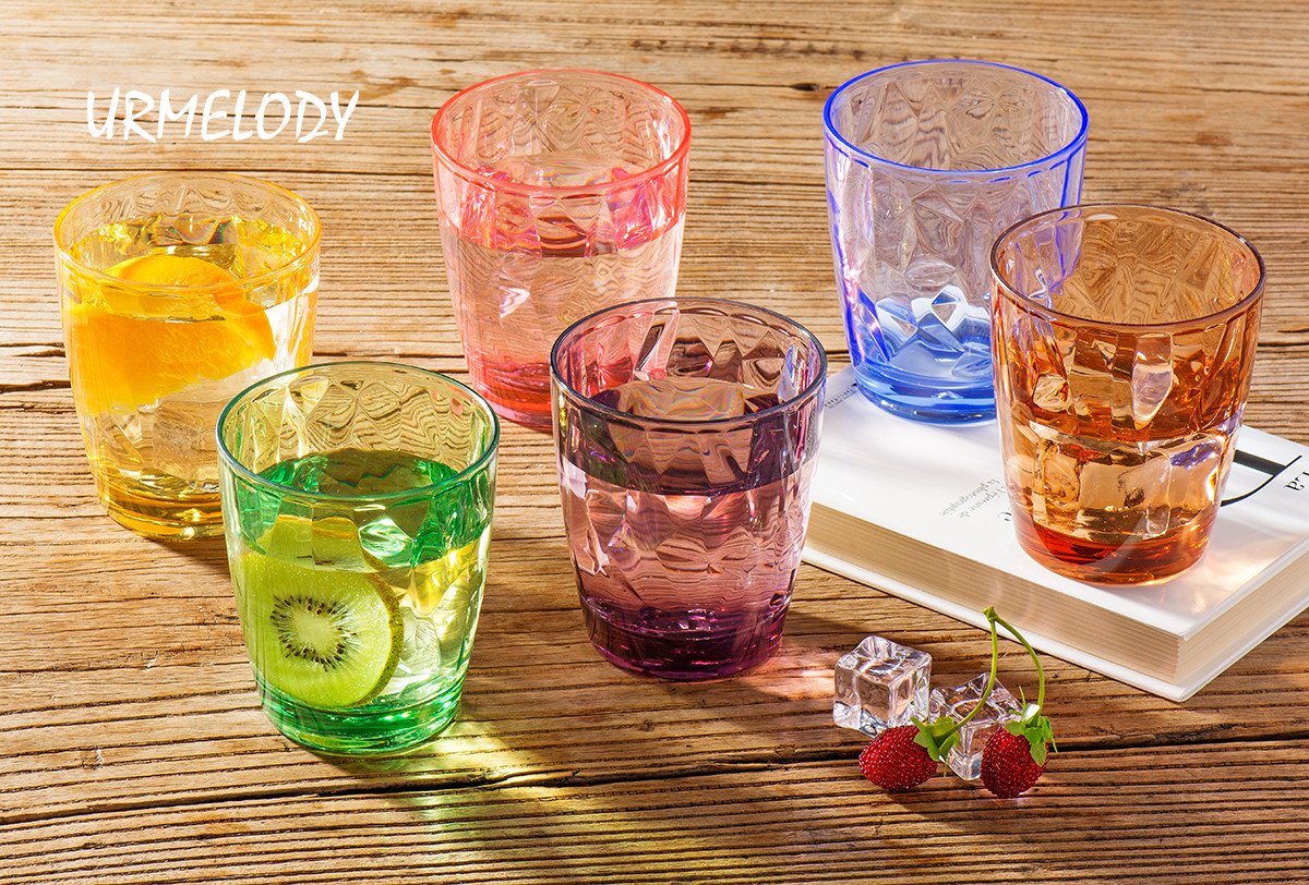 Urmelody 11oz Colored Drinking Glasses Set Acrylic Glassware for Kids Plastic Tumblers Cups Picnic Water Glasses Unbreakable Juice Drinkware for Camping Restaurant Beach BPA Free