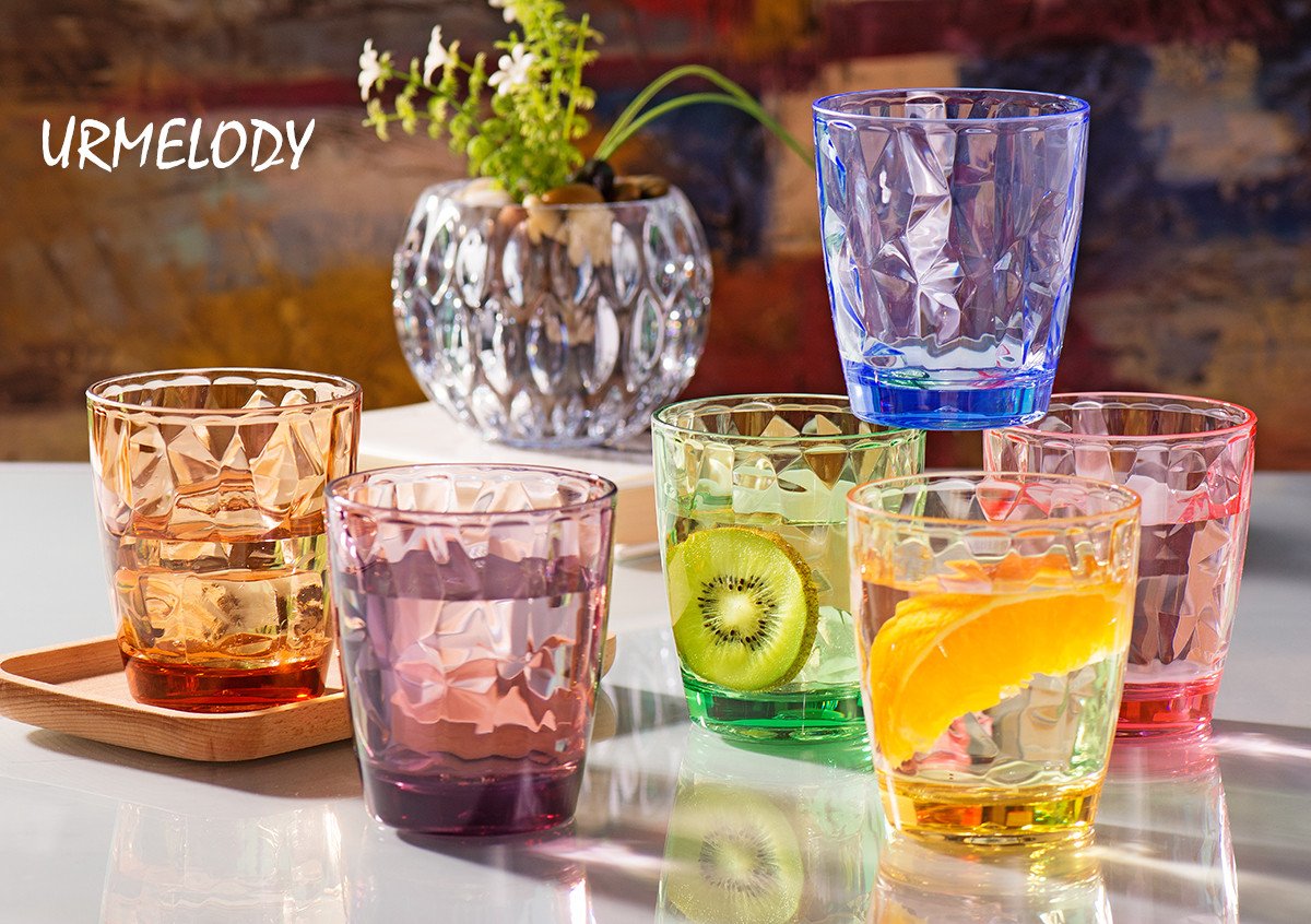 Urmelody 11oz Colored Drinking Glasses Set Acrylic Glassware for Kids Plastic Tumblers Cups Picnic Water Glasses Unbreakable Juice Drinkware for Camping Restaurant Beach BPA Free