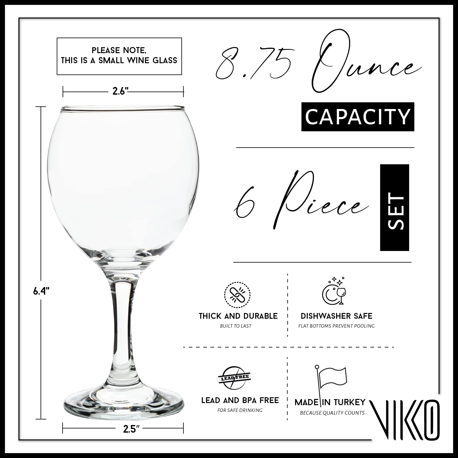 Vikko Small Wine Glasses, 8.75 Ounce Wine Glass, Set of 6 Stemmed Wine Glasses for Red and White Wine, Thick and Durable Wine Glasses, Clear Glasses for Wine