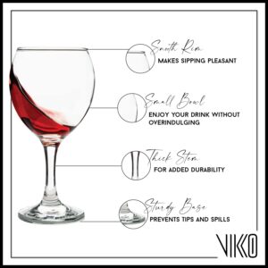 Vikko Small Wine Glasses, 8.75 Ounce Wine Glass, Set of 6 Stemmed Wine Glasses for Red and White Wine, Thick and Durable Wine Glasses, Clear Glasses for Wine