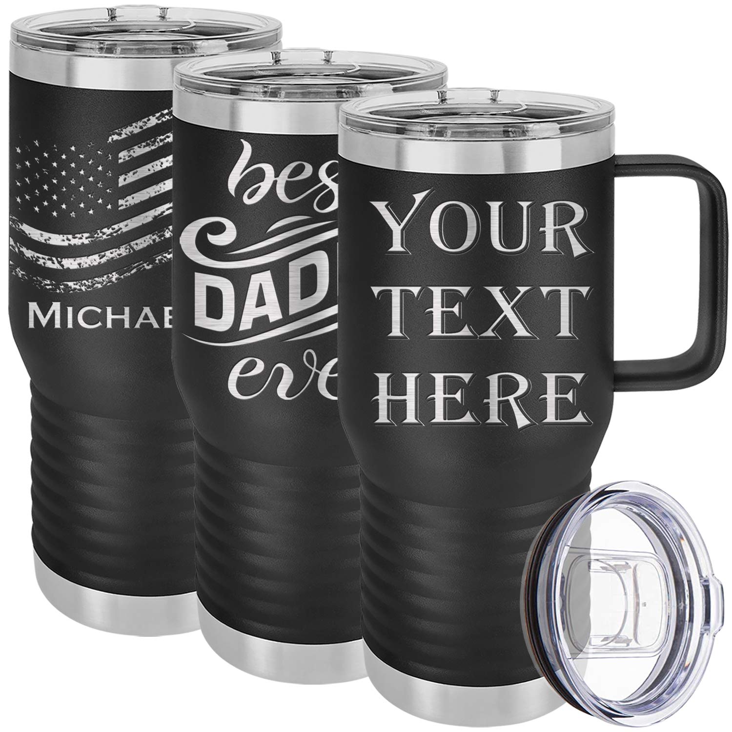 iProductsUS Personalized Tumbler with handle, Splash-Proof Lid, Engrave Your Name Customized Cup, Stainless Steel Insulated Coffee Mug, Father's Day Gifts for Dad (Black, 20oz)