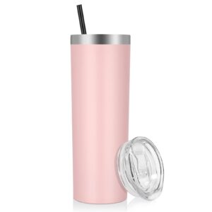 vegond stainless steel skinny tumbler, 20 oz vacuum insulated tumbler with lid and straw, double wall coffee cup, travel mug for cold hot drinks, light pink 1 pack