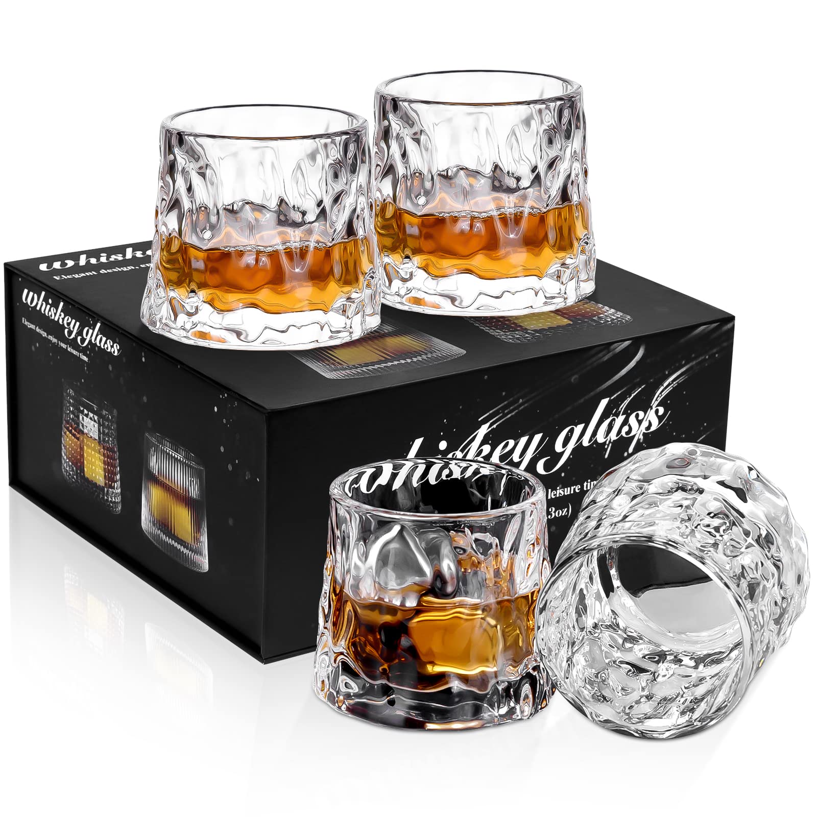 AFN Whiskey Gifts for Men, Old Fashioned Whiskey Glasses, 4 Crystal Glasses in Gift Box for Drinking Bourbon, Scotch Whisky, Cocktail, Liquor, Brandy, Rum for Men Women at Home Bar (Water Wave Style)