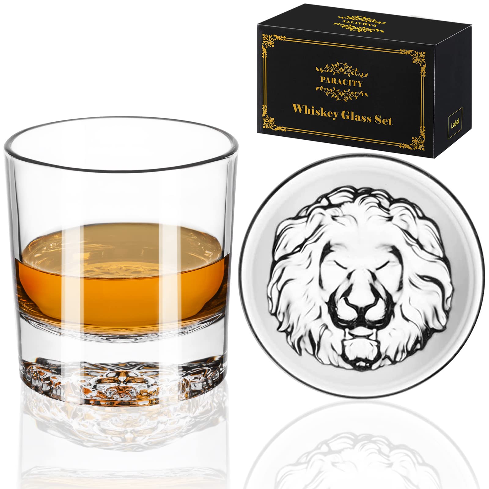 PARACITY Whiskey Glasses, Lion Pattern Thick Bottom, 10.6oz Old Fashioned Glasses for Whiskey, Gin, Vodka, Whiskey Glasses Set of 2, Gift for Men, Father's Day Gift