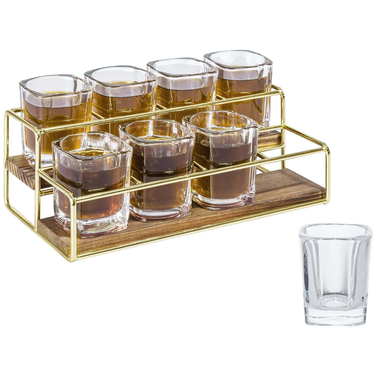 MyGift Shot Serving Tray, 2-Tier Brass Tone Metal and Burnt Wood Party Shots Server Tray with 8 Shot Glasses