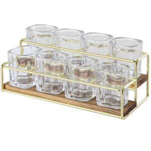 MyGift Shot Serving Tray, 2-Tier Brass Tone Metal and Burnt Wood Party Shots Server Tray with 8 Shot Glasses