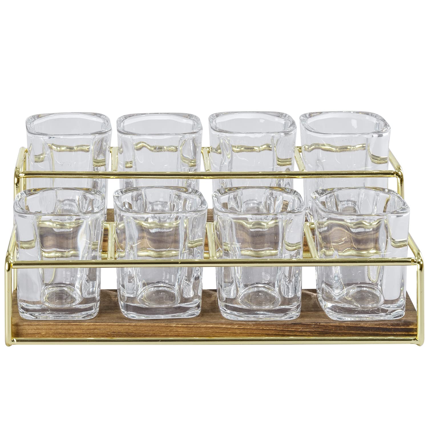 MyGift Shot Serving Tray, 2-Tier Brass Tone Metal and Burnt Wood Party Shots Server Tray with 8 Shot Glasses