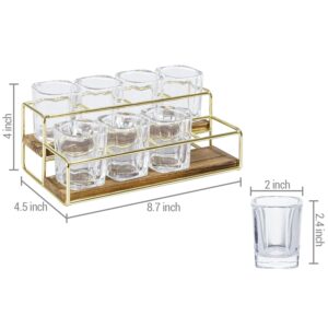 MyGift Shot Serving Tray, 2-Tier Brass Tone Metal and Burnt Wood Party Shots Server Tray with 8 Shot Glasses