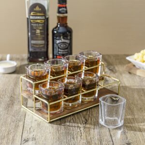 MyGift Shot Serving Tray, 2-Tier Brass Tone Metal and Burnt Wood Party Shots Server Tray with 8 Shot Glasses