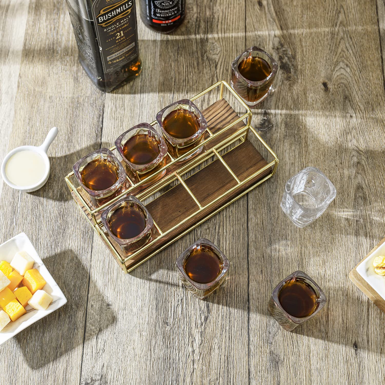 MyGift Shot Serving Tray, 2-Tier Brass Tone Metal and Burnt Wood Party Shots Server Tray with 8 Shot Glasses