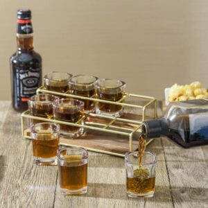 MyGift Shot Serving Tray, 2-Tier Brass Tone Metal and Burnt Wood Party Shots Server Tray with 8 Shot Glasses