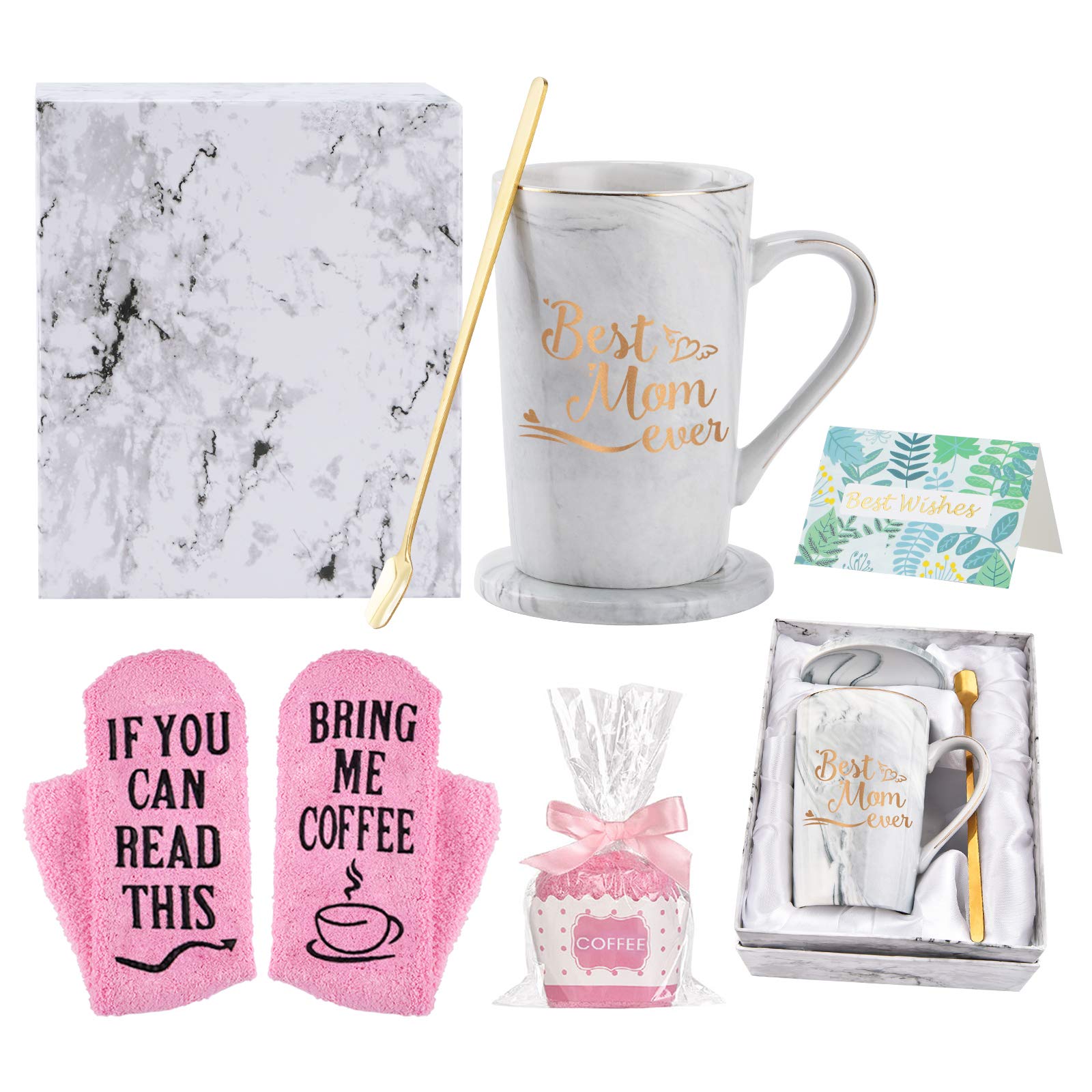 YHRJWN Best Mom Ever Coffee Mug for Mom Mother Mothers Day Mom Mug from Daughter Son Mom Coffee Mug 14Oz Gray Marble Mug with Exquisite Box Spoon Coaster Sock Gift Card