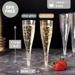 MATANA 120 Silver & Gold Glitter Plastic Champagne Flutes, 5 Oz Plastic Champagne Glasses for Parties, Clear Plastic Toasting Glasses, Mimosa Glasses, Wedding Party Cocktail Cups, Reusable | Bulk Pack