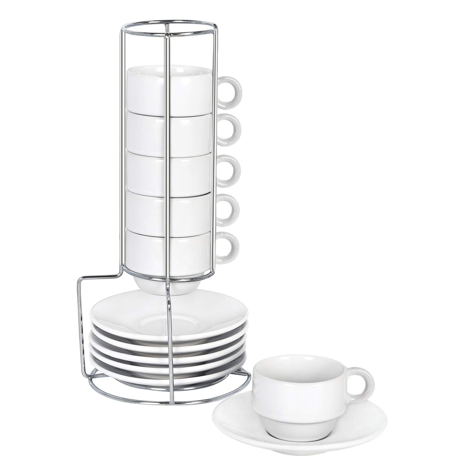 Lifecapido Espresso Cups and Saucers with Stand Rack, Porcelain Stackable Espresso Mugs, 2.5 Ounce Demitasse Cups Designed for Espresso, Latte, Cafe, Mocha - Set of 6 (White)