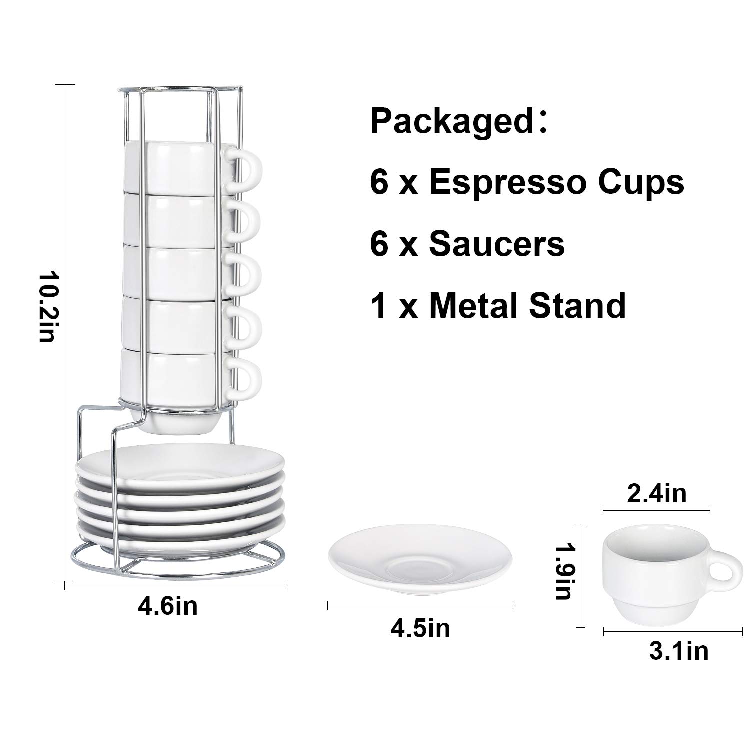 Lifecapido Espresso Cups and Saucers with Stand Rack, Porcelain Stackable Espresso Mugs, 2.5 Ounce Demitasse Cups Designed for Espresso, Latte, Cafe, Mocha - Set of 6 (White)