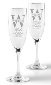 personalized wedding champagne flutes -split font -set of 2 glasses for toasting/bride and groom gifts -wedding registry by brides name, wedding gift