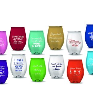 Pen Kit Mall PKM - Stemless Wine Glasses - Set of 12 - NOVELTY FUNNY SAYINGS - CAMPING -CHRISTMAS - NEW YEARS HALLOWEEN (NOVELTY FUNNY SAYINGS)