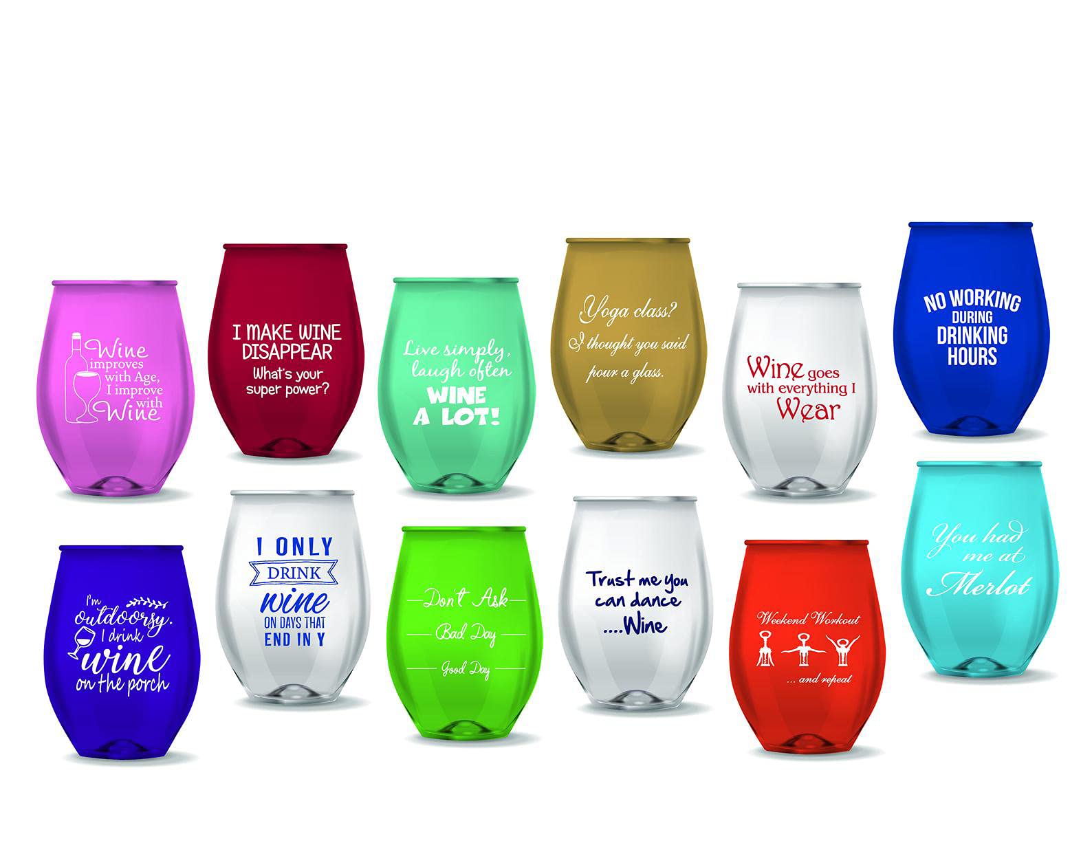 Pen Kit Mall PKM - Stemless Wine Glasses - Set of 12 - NOVELTY FUNNY SAYINGS - CAMPING -CHRISTMAS - NEW YEARS HALLOWEEN (NOVELTY FUNNY SAYINGS)