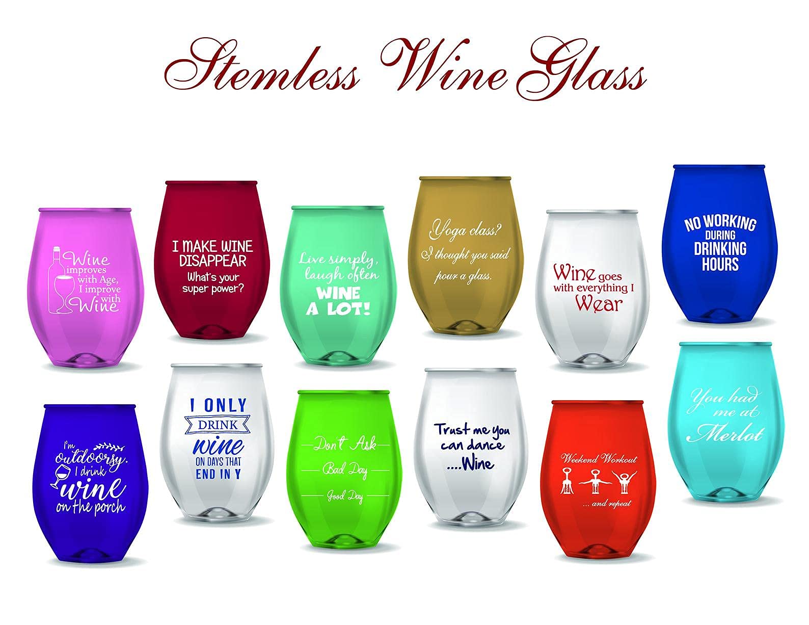 Pen Kit Mall PKM - Stemless Wine Glasses - Set of 12 - NOVELTY FUNNY SAYINGS - CAMPING -CHRISTMAS - NEW YEARS HALLOWEEN (NOVELTY FUNNY SAYINGS)