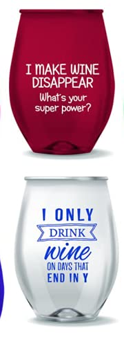 Pen Kit Mall PKM - Stemless Wine Glasses - Set of 12 - NOVELTY FUNNY SAYINGS - CAMPING -CHRISTMAS - NEW YEARS HALLOWEEN (NOVELTY FUNNY SAYINGS)