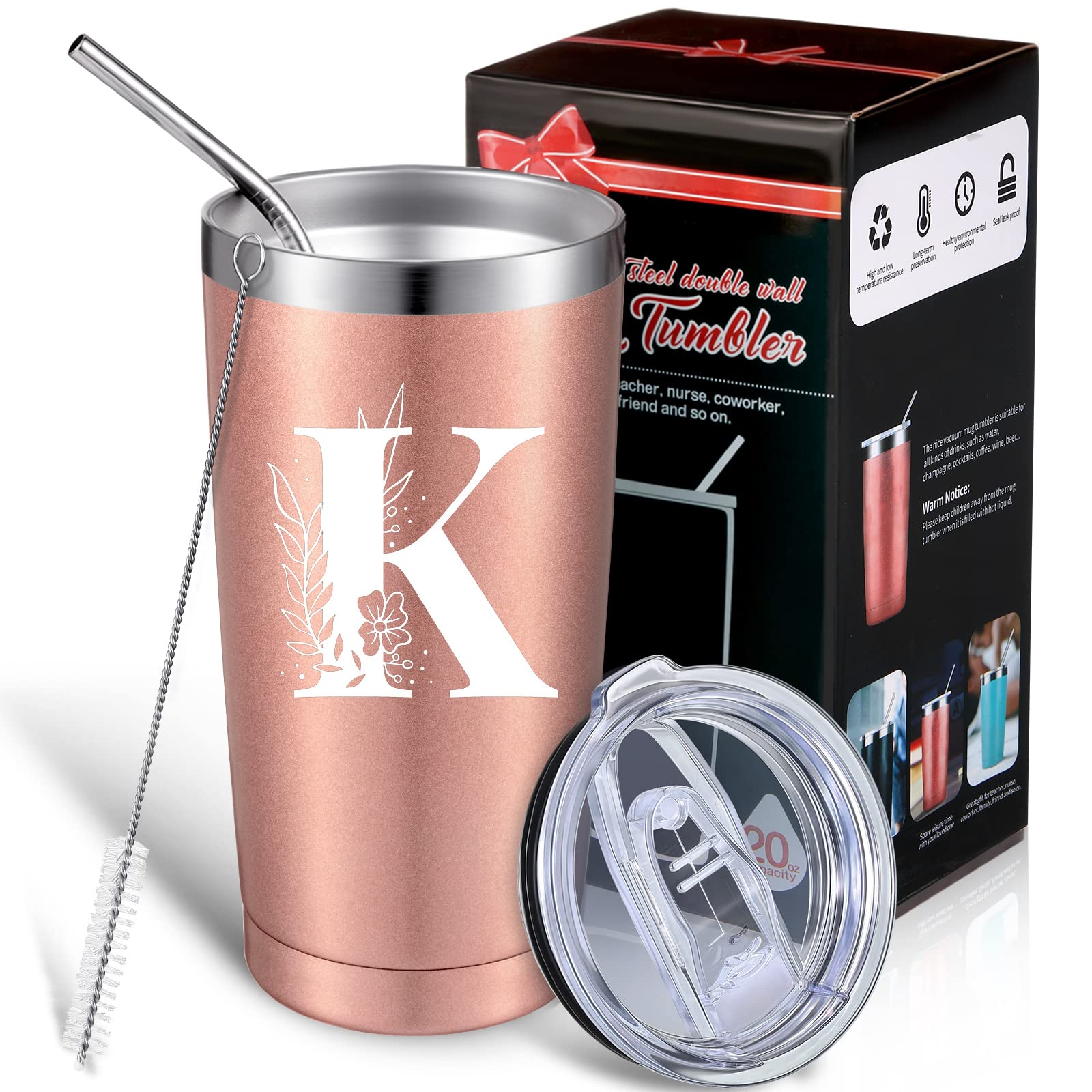 Thenshop Personalized Initial Mug Tumbler 20oz, Monogrammed Travel Mug with Gift Box for Wedding Birthday Graduation Party, Birthday Christmas Gifts for Women Mom Sisters Teacher Coworker (K)