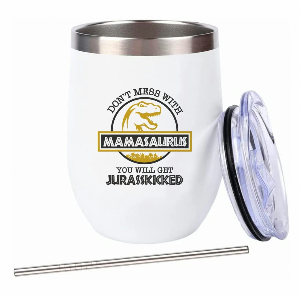 MARKHA Stainless Steel Mamasaurus Tumbler With Straw And Lid - 12 oz. - Mom Coffee Tumbler, Best Mother Gift From Daughter Son And Husband, Funny Present For New Mother And Pregnant Wife