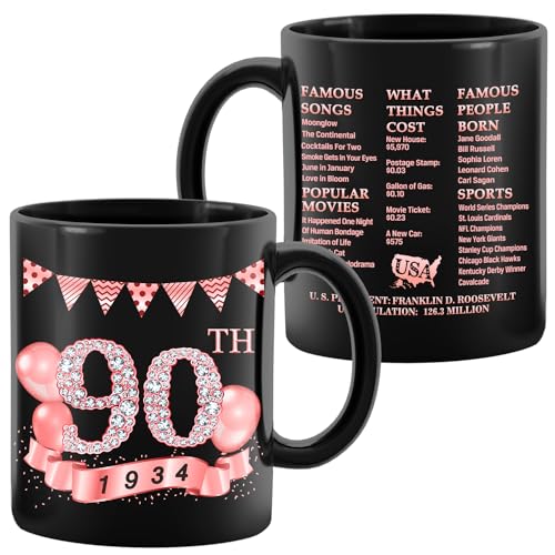 Tillfuru 90th Birthday Gifts for Women, 1934 Old Time Information-90th Birthday Mug, 90th Birthday Gifts for Women, 90 Year Old Birthday Party Decorations, Ninety Birthday Mug, Milestone Birthday