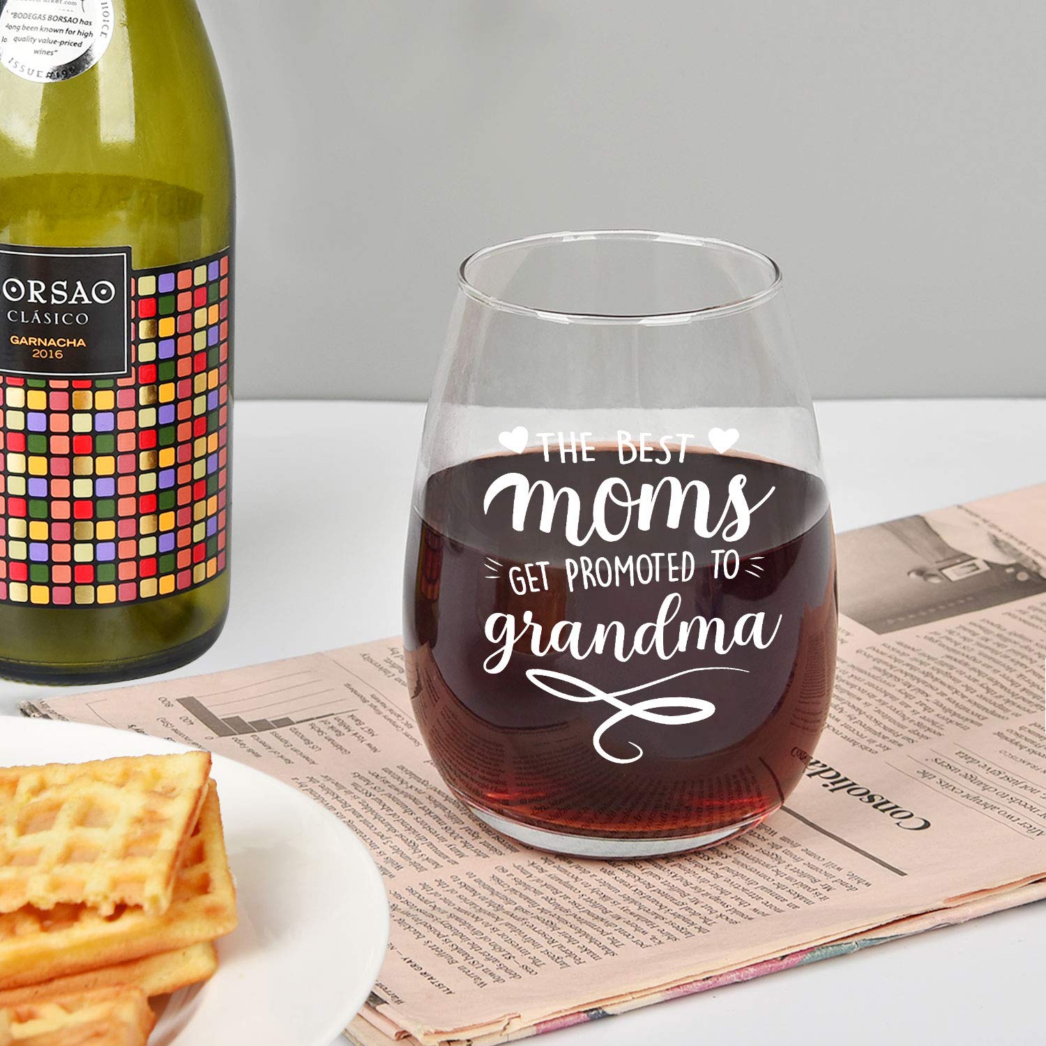 The Best Moms Get Promoted to Grandma Wine Glass for Mother's Day Birthday Women, Grandma, New Grandma to Be - Grandma Wine Glass from Granddaughter, Grandson, 15Oz