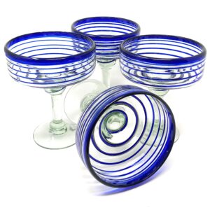 Mexican Hand Blown Glass – Set of 4 Hand Blown Margarita Glasses (16 oz) with Blue Spiral Design