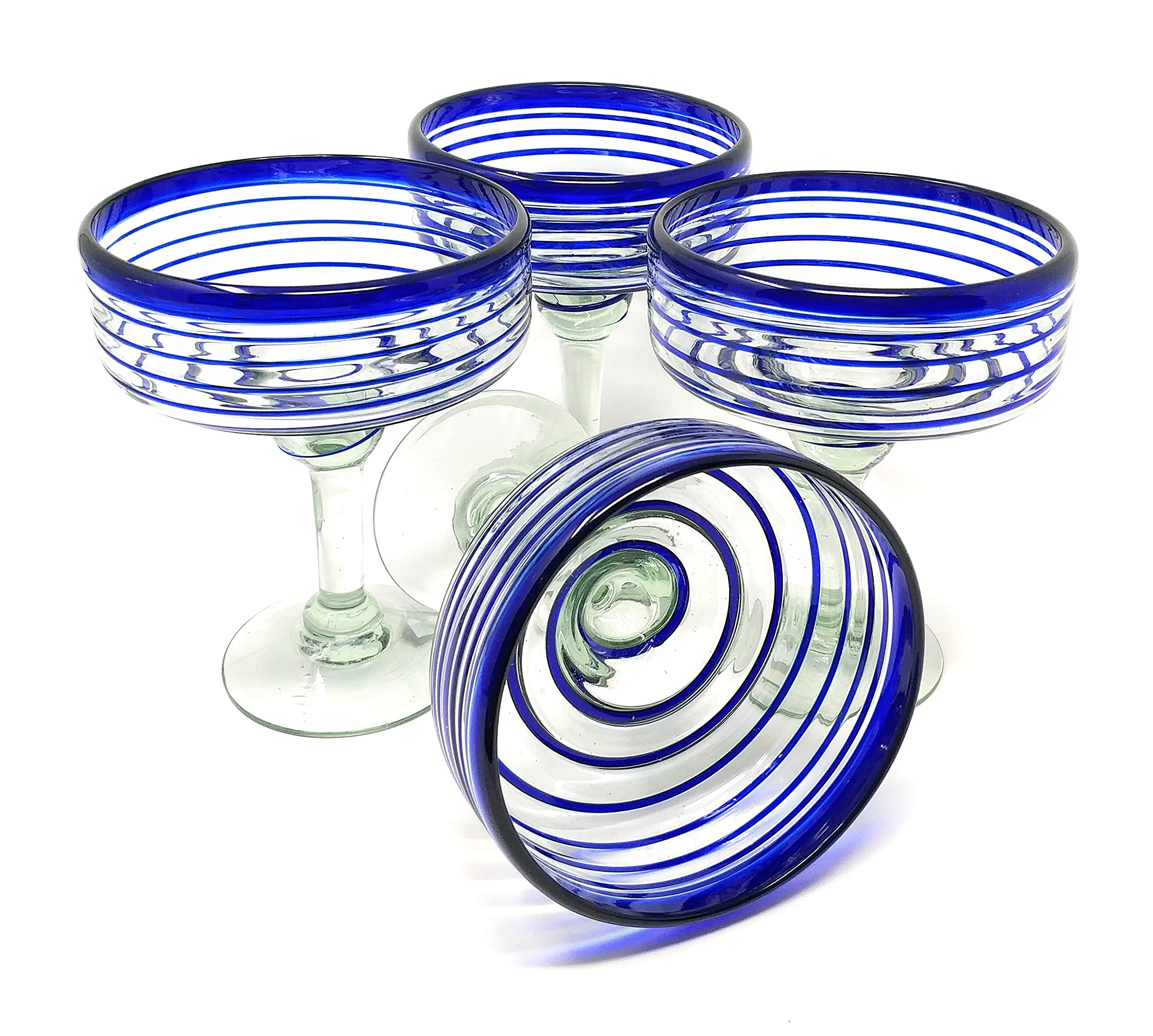 Mexican Hand Blown Glass – Set of 4 Hand Blown Margarita Glasses (16 oz) with Blue Spiral Design