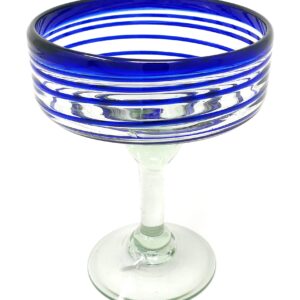 Mexican Hand Blown Glass – Set of 4 Hand Blown Margarita Glasses (16 oz) with Blue Spiral Design