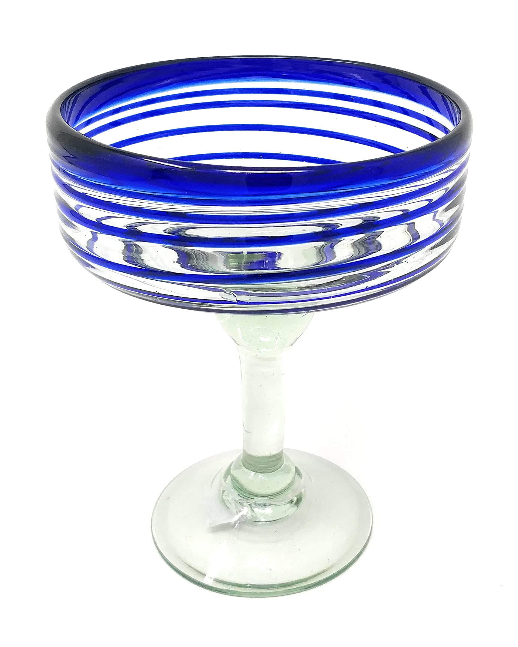 Mexican Hand Blown Glass – Set of 4 Hand Blown Margarita Glasses (16 oz) with Blue Spiral Design