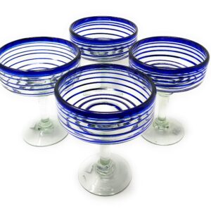 Mexican Hand Blown Glass – Set of 4 Hand Blown Margarita Glasses (16 oz) with Blue Spiral Design