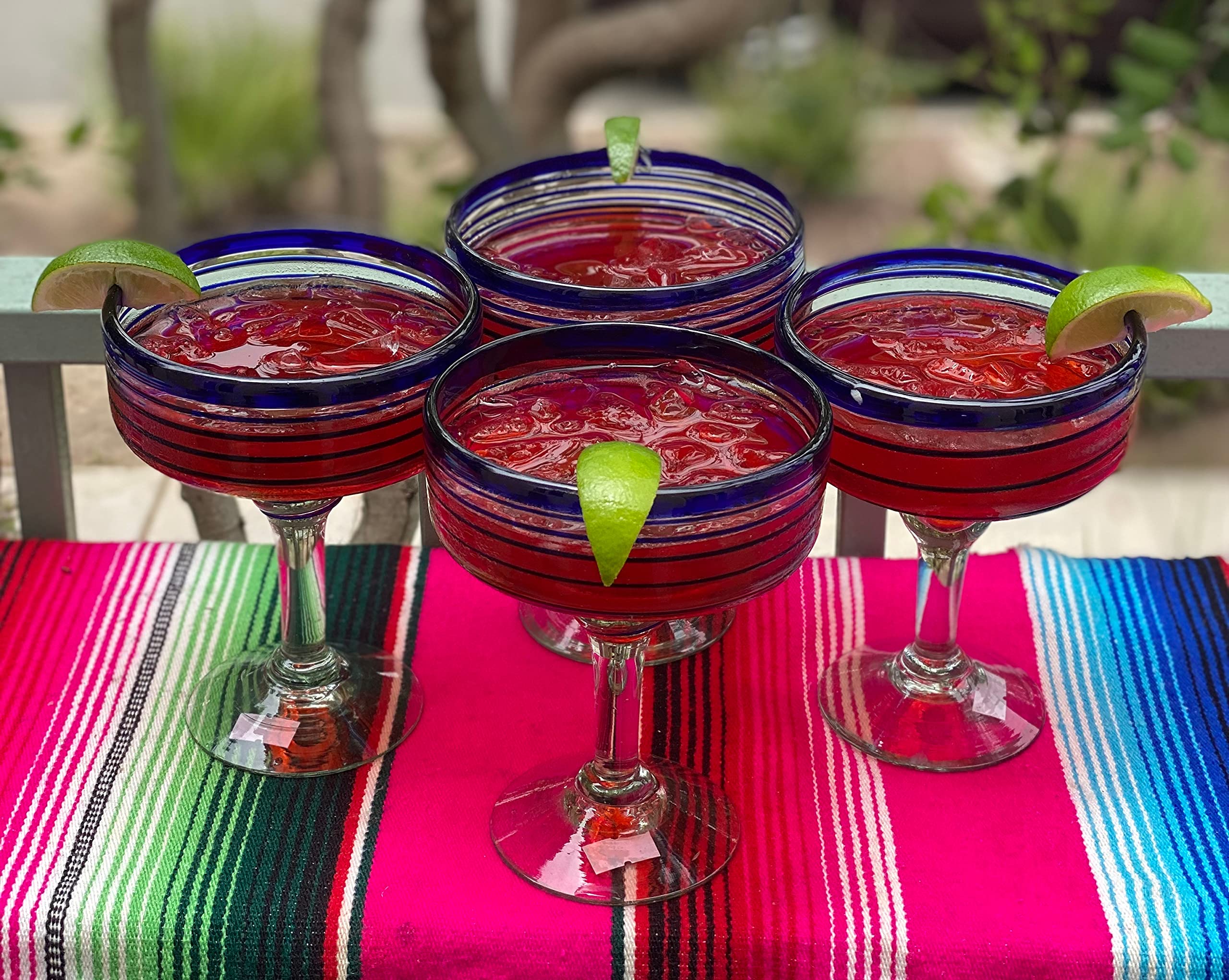 Mexican Hand Blown Glass – Set of 4 Hand Blown Margarita Glasses (16 oz) with Blue Spiral Design