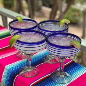 Mexican Hand Blown Glass – Set of 4 Hand Blown Margarita Glasses (16 oz) with Blue Spiral Design