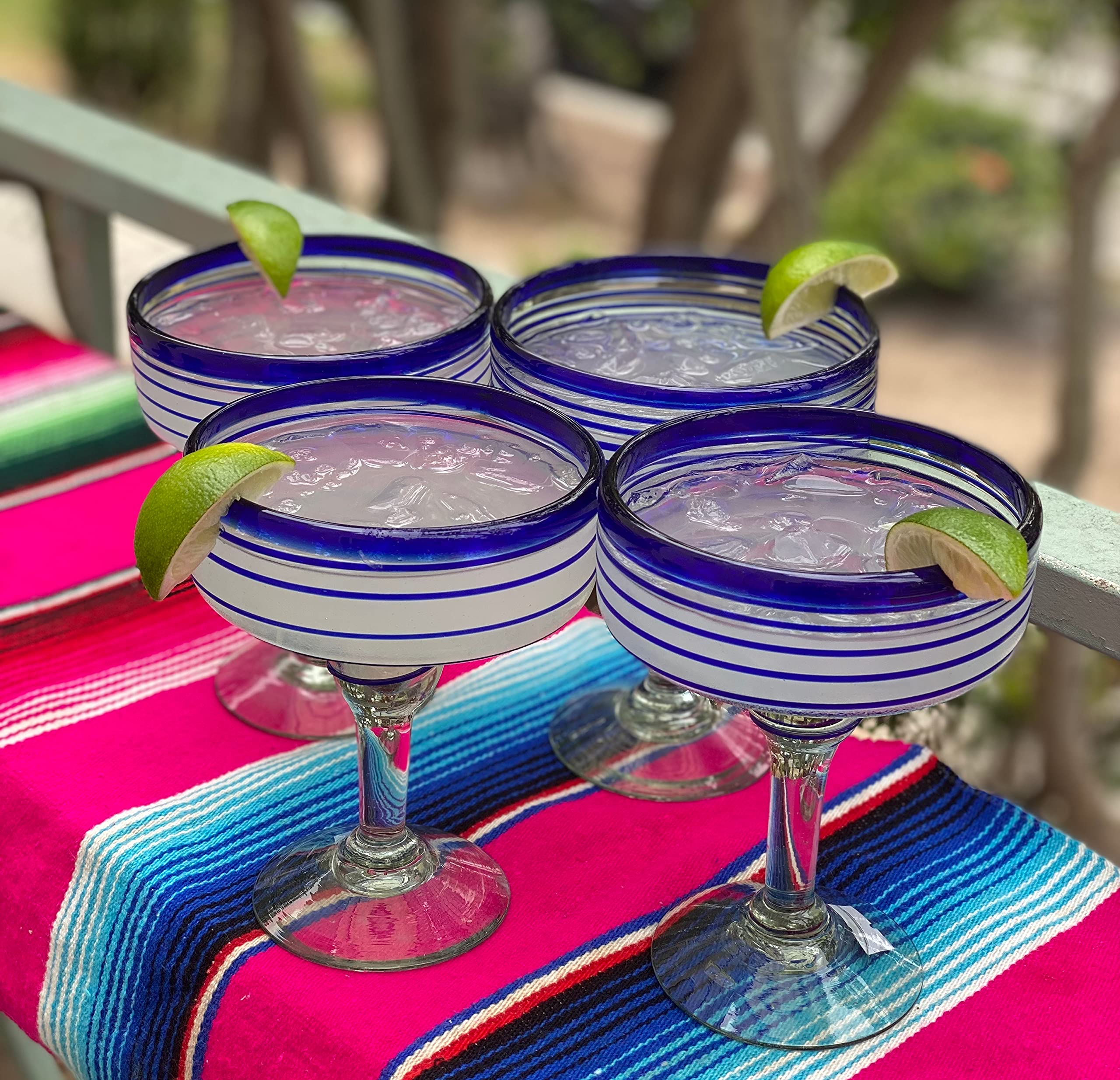 Mexican Hand Blown Glass – Set of 4 Hand Blown Margarita Glasses (16 oz) with Blue Spiral Design