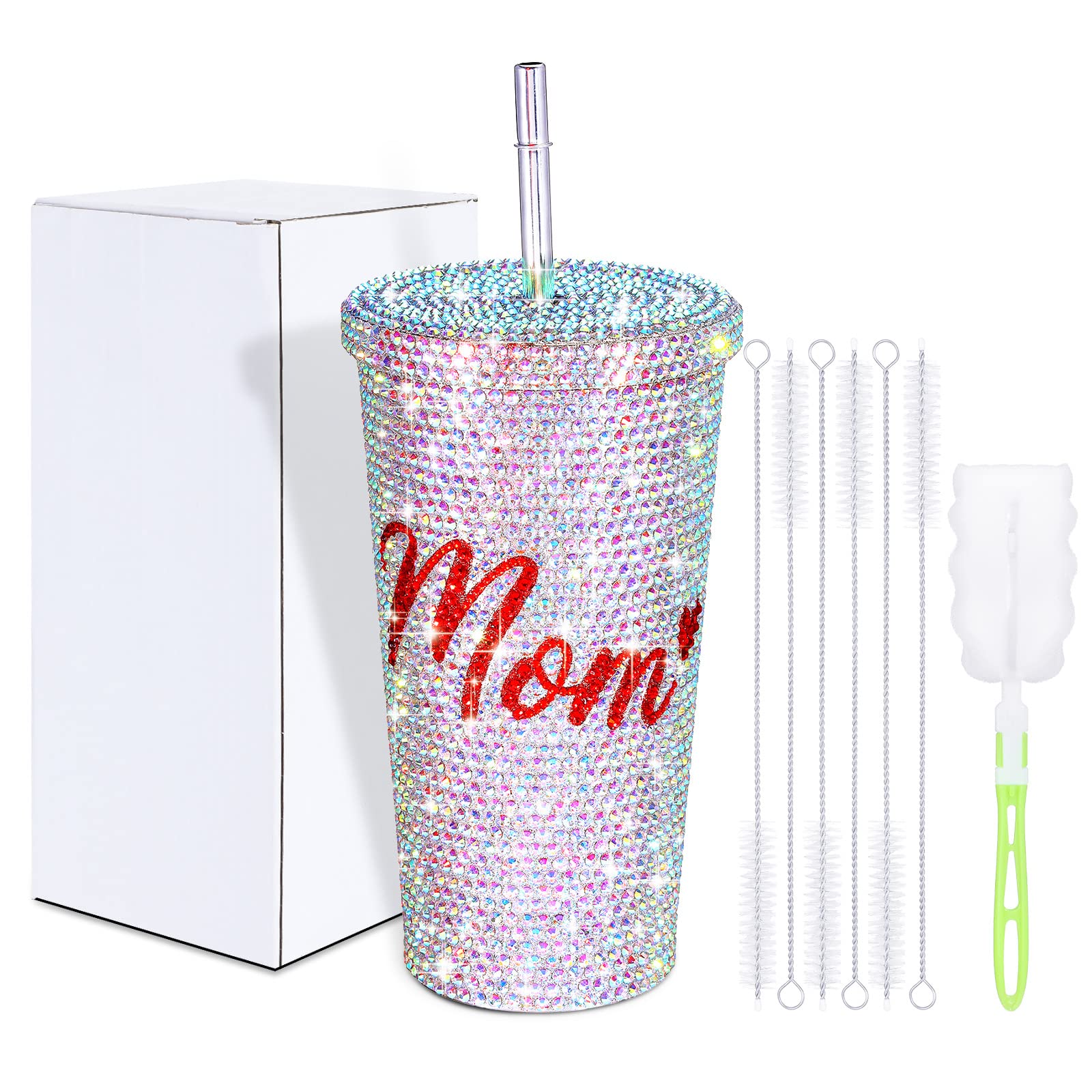 Zubebe Bling Diamond Tumbler Thermal Glitter Water Bottles Mother Gift Mom Stainless Steel Rhinestone Glitter Tumbler Idea with Lid and Straw 6 Pcs Straw Brushes 1 Pcs Cup Brush