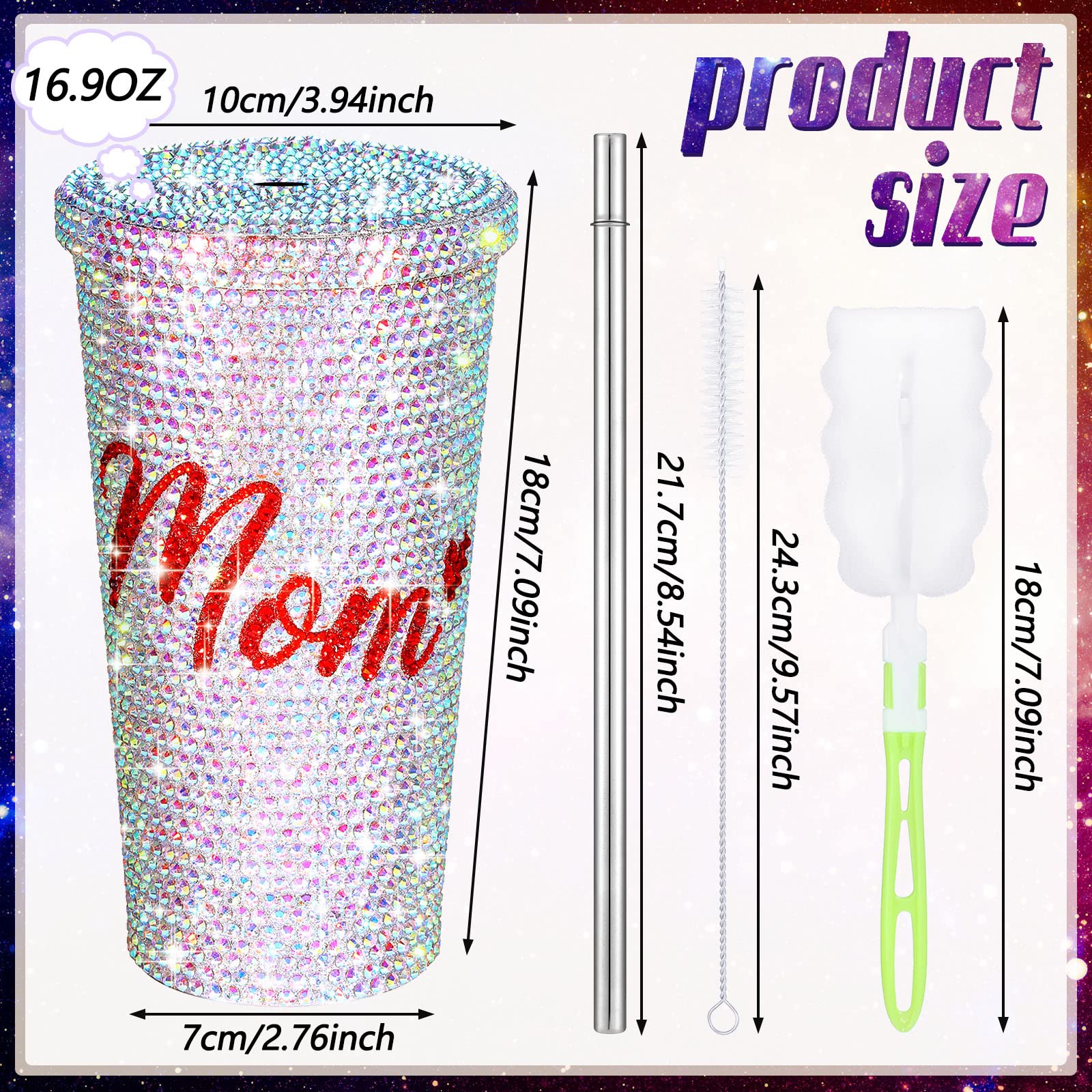 Zubebe Bling Diamond Tumbler Thermal Glitter Water Bottles Mother Gift Mom Stainless Steel Rhinestone Glitter Tumbler Idea with Lid and Straw 6 Pcs Straw Brushes 1 Pcs Cup Brush