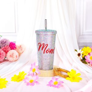 Zubebe Bling Diamond Tumbler Thermal Glitter Water Bottles Mother Gift Mom Stainless Steel Rhinestone Glitter Tumbler Idea with Lid and Straw 6 Pcs Straw Brushes 1 Pcs Cup Brush