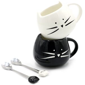 teagas cat coffee mugs for crazy cat lady - black & white ceramic cat coffee mugs and cute cat spoons set for coffee tea 12oz