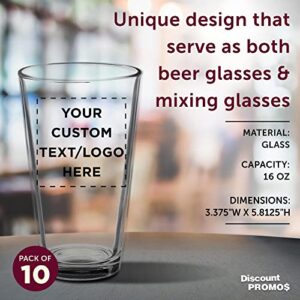 DISCOUNT PROMOS Custom Heavy Duty Beer Pint Glasses by ARC 16 oz. Set of 10, Personalized Bulk Pack - USA Made Restaurant Glassware, Perfect for Beer, Cocktails, Soda, Other Beverages - Clear