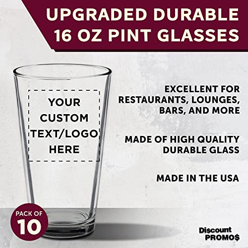 DISCOUNT PROMOS Custom Heavy Duty Beer Pint Glasses by ARC 16 oz. Set of 10, Personalized Bulk Pack - USA Made Restaurant Glassware, Perfect for Beer, Cocktails, Soda, Other Beverages - Clear